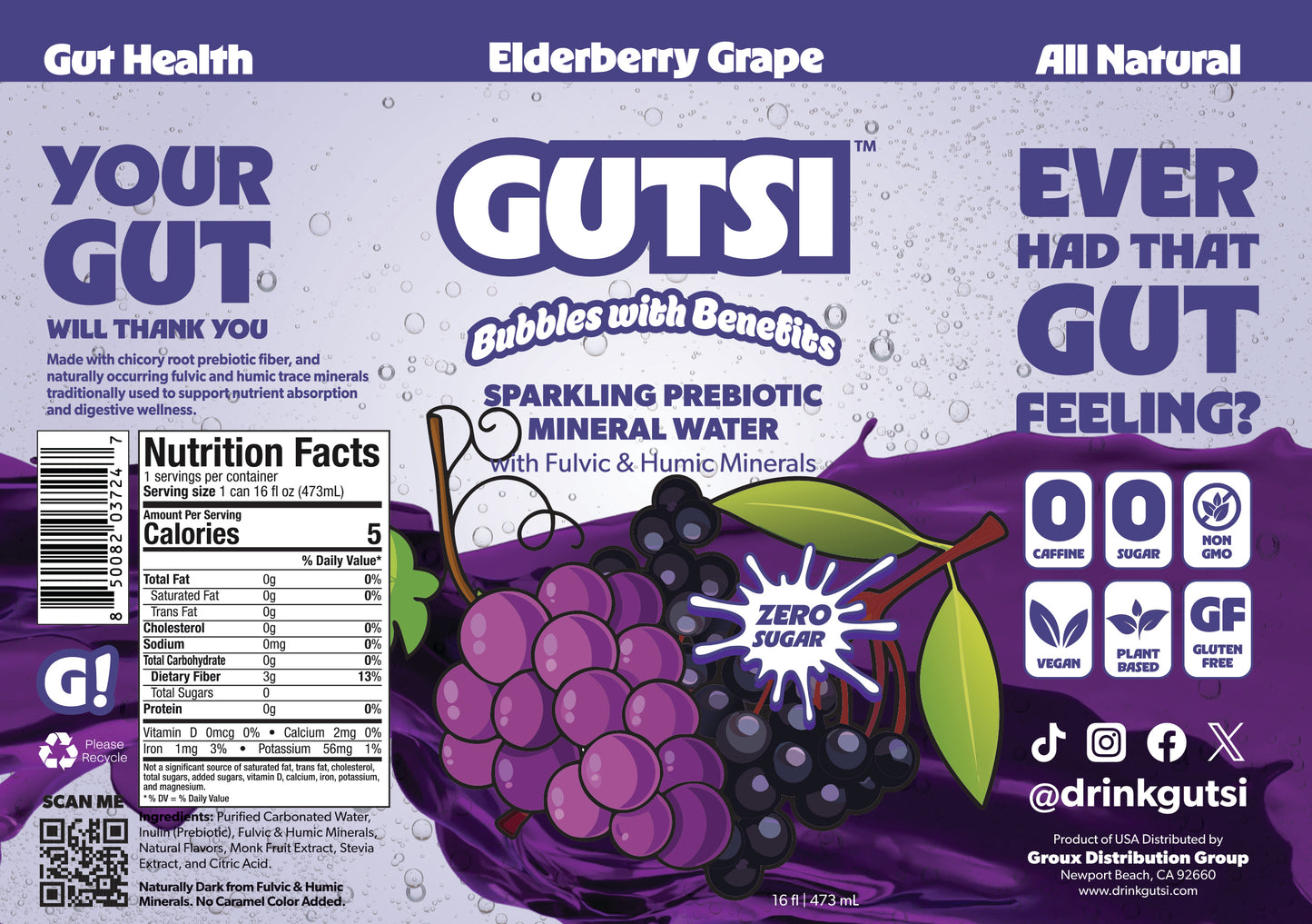 GUTSI Sparkling Elderberry Grape — Fulvic Mineral Water 12 Pack (16 oz ...